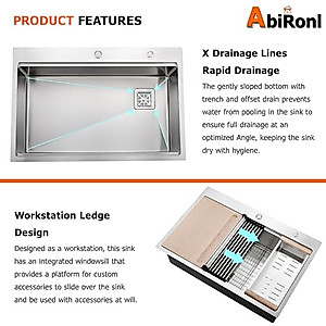 33 Inch Drop In Kitchen Sink Stainless Steel- Abironl 33"x22" Top Mount Kitchen Sink Workstation Ledge 16 Gauge Stainless Steel Kitchen Sink Single Bowl Kitchen Sink with Accessories