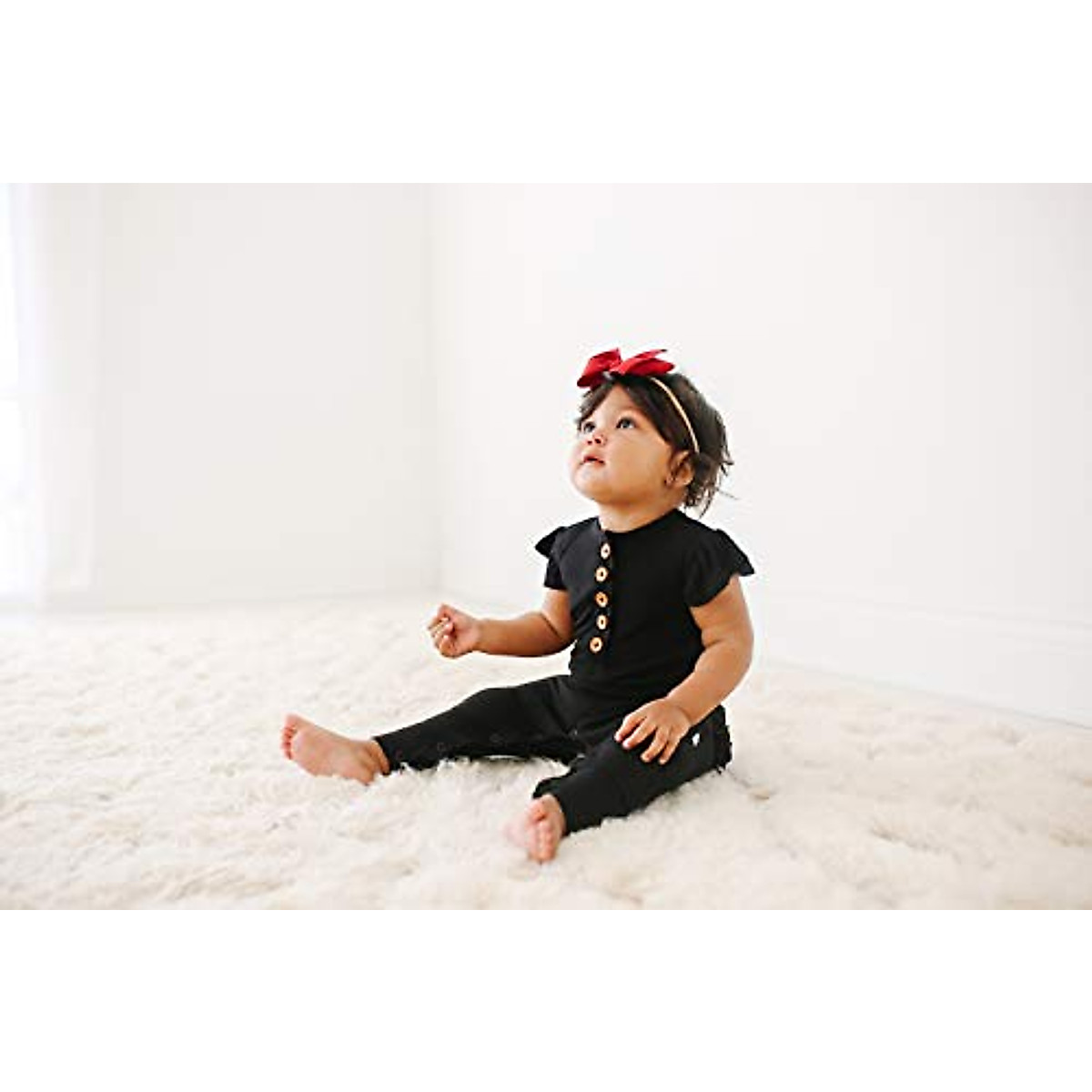 Posh Peanut Baby Girl Pajamas – Ruffled Cap Sleeve Romper PJs – Soft Viscose from Bamboo One-Piece for Babies & Toddlers(12-18 Months) Solid Ribbed Black