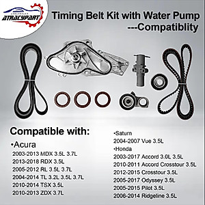Timing Belt Kit with Water Pump | Compatible with 2003-2018 Honda Accord Odyssey Pilot, Acura MDX RDX RL TL TSX & Saturn Vue 3.0L 3.5L 3.7L Vehicles | Replaces# 19200-RDV-J01, TKH002, TCKWP329