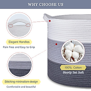 BOSROTY Extra Large Blanket Basket 87L, Laundry Hamper, Baby Nursery Hamper, Large Laundry Basket For Girls Boys, Cotton Rope Basket, Clothes Basket Laundry, 22”x 14”, White & Gray