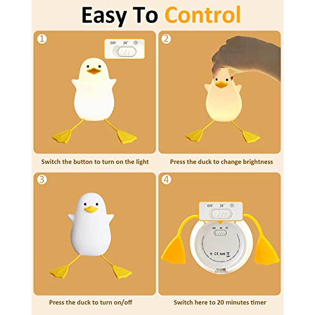Attivolife Duck Night Light for Kids, Cute Animal Silicone Lamp Touch Control + Dimmable + Timer, USB Rechargeable LED Feeding, Bedside Bedroom Decor Birthday Gifts for Toddler Baby Women