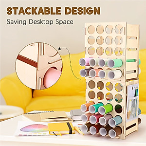 Yumkfoi 2 Pack Wooden Vinyl Roll Holder, 40 Holes Stackable Vinyl Roll Storage Rack with Weeding Tools Storage Bag, Sturdy Wood Vinyl Storage Organizer for Craft Paper Roll Holder Craft Room