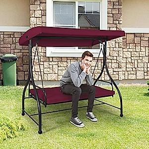 Tangkula 3 Seats Converting Patio Swing, Outdoor Porch Garden Canopy Swing with Comfortable Cushion Seats & Adjustable Tilt Canopy, Heavy Duty Hammock 3 Persons Porch Swing (Wine)