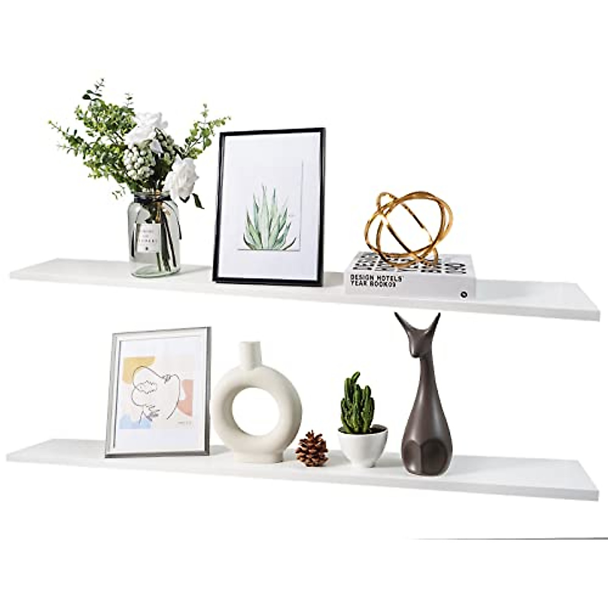 Long Floating Shelf 48 Inch White Floating Shelf for Wall Set of 2, Durable Natural Wood Oak Floating Shelf for Bedroom Bathroom, Easy Assembly, Classic Design, White, 48 *6 *0.8(Not for Drywall)