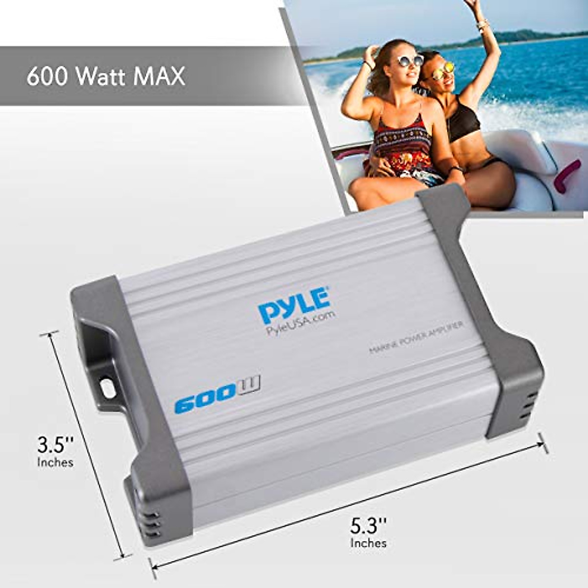 Pyle 2-Channel Marine Amplifier Receiver - Waterproof and Weatherproof Audio Subwoofer for Boat Stereo Speaker & Other Watercraft - 600 Watt Power, Wired RCA, AUX and MP3 Audio Input Cable - PLMRMP2A