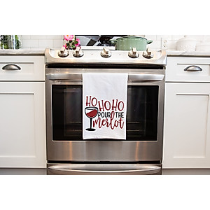 Handmade Funny Christmas Kitchen Towel - Ho Ho Ho Pour the Merlot - 28x28 Inch Perfect for Housewarming Christmas Hostess Gifts (Ho Ho Ho Pour the Merlot)
