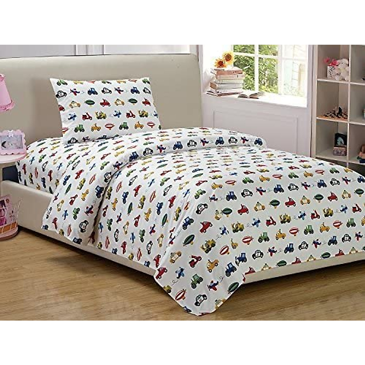 Mk Home 4pc Queen Size Sheet Set Police Cars Construction Trucks Airplane Blue Red Yellow Green Black New
