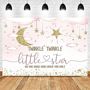 Mocsicka Pink Twinkle Twinkle Little Star Baby Shower Backdrop Gold Glitter Stars and Moon Pink Baby Shower Party Decorations for Girls Sparkle Stars Gender Reveal Photography Background (7x5ft)