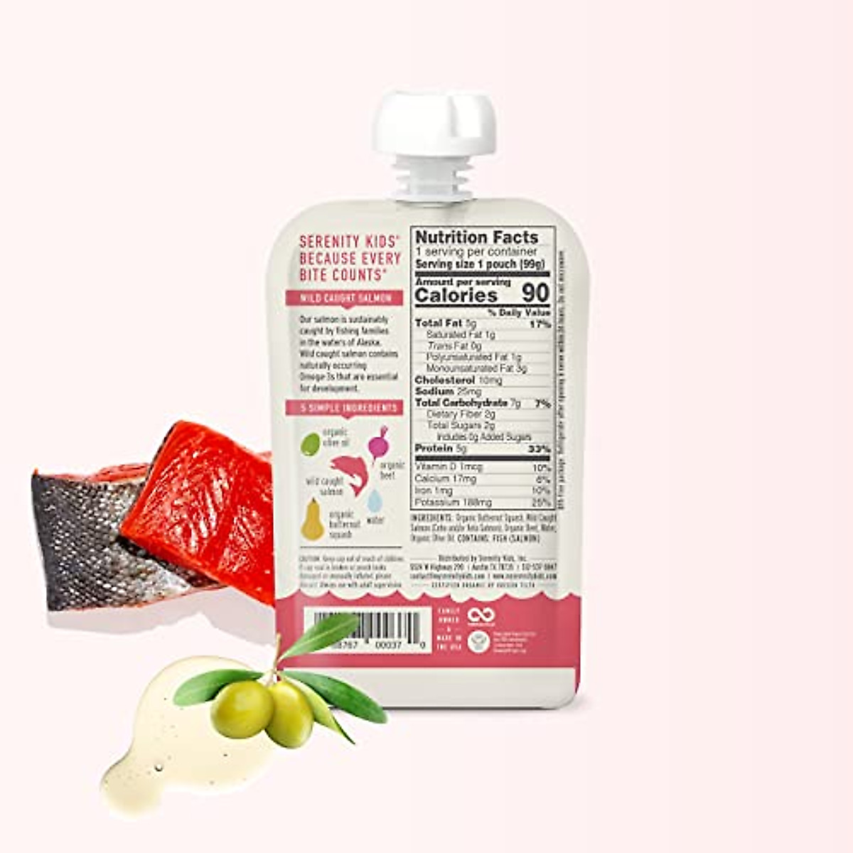 Serenity Kids 6+ Months Baby Food Pouches Puree Made With Ethically Sourced Meats & Organic Veggies | 3.5 Ounce BPA-Free Pouch | Wild Caught Salmon, Butternut Squash, Beet | 6 Count