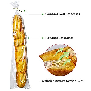 Lesibag 100 Bread Bags with Ties - Vented Micro Perforated Baguettes Bags for Homemade Bread and Bakery Loaf Adjustable Reusable - 6 x 28 Inch