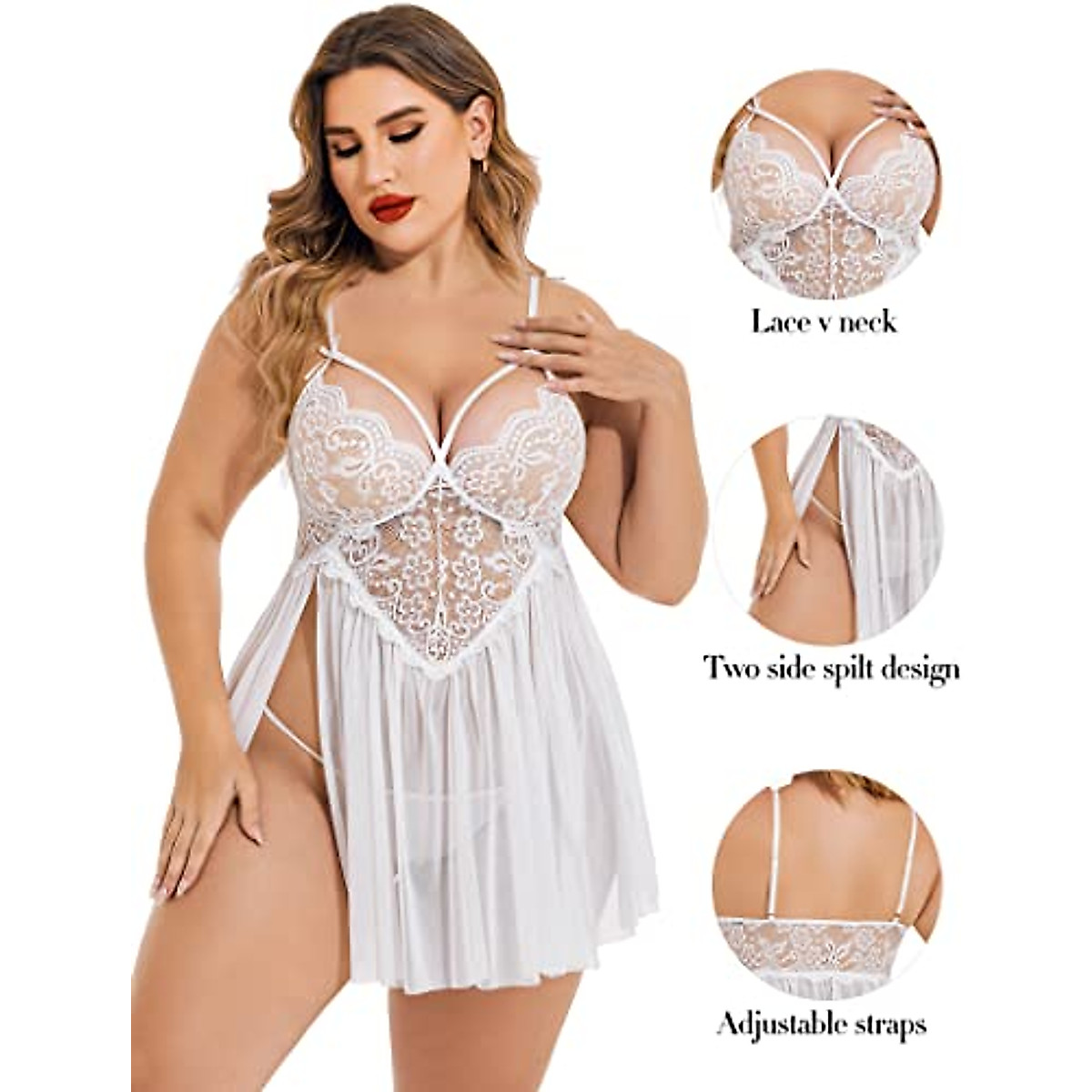 Avidlove Sexy Plus Size Lingerie for Women Lace Babydoll Chemise V Neck Sleepwear Mesh Nightwear Side Slit Nightie White