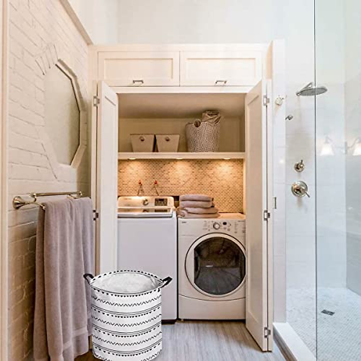 Laundry Basket,Bohemian Black Stripe Triangle Geometry White Back Waterproof Clothes Hampers with Handle,Ethnic Chic Geometric Large Collapsible Storage Bag for Bedroom Bathroom 16.5x17In