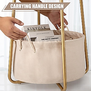 danpinera Gold Side Table, Small Round Side Table with Fabric Storage Basket, Metal Side Table for Nursery, Living Room, Bedroom, Bathroom