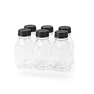 (6) 8 oz. Clear Food Grade Square Plastic Juice Bottles with Black Tamper Evident Caps 6/pack