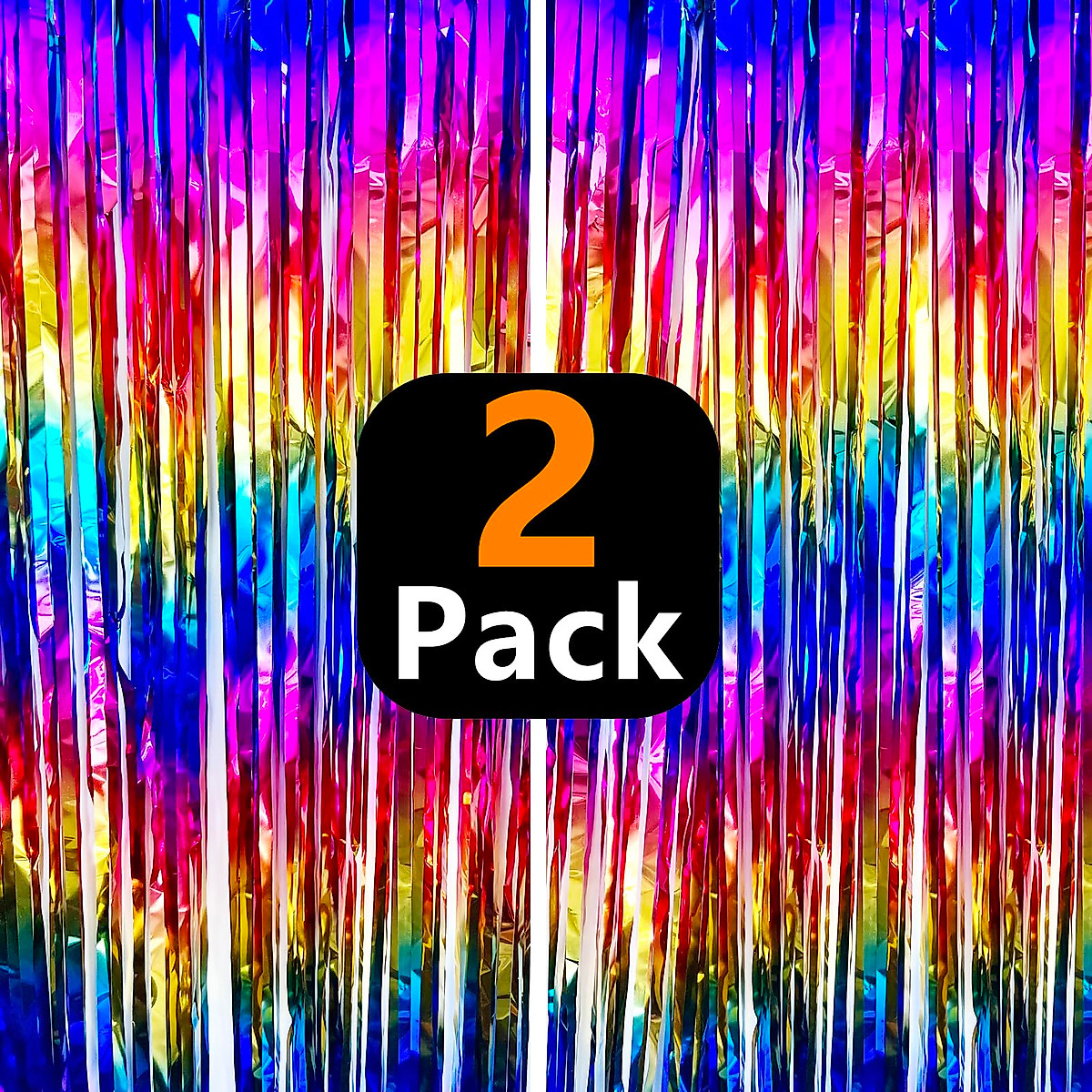 Sparkly Rainbow Foil Fringe Curtain Metallic Streamers Tinsel Party Backdrop Decorations for Birthday Gay Pride Day Graduation Wedding Engagement Bridal Shower Bachelorette Photo Booth Props - 2 Packs