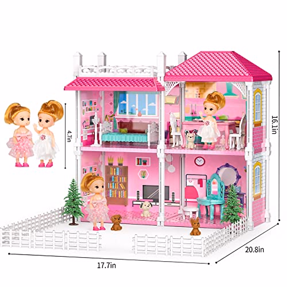 TEMI Dream Doll House Girls Toys - 2-Story 4 Rooms Playhouse with 2 Dolls Toy Figures, Fully Furnished Fashion Dollhouse, Pretend Play House with Accessories, Gift Toy for Kids Ages 3 4 5 6 7 8+