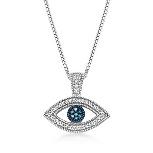 Ross-Simons 0.10 ct. t.w. Blue and White Diamond Evil Eye Pendant Necklace in Sterling Silver. 18 inches