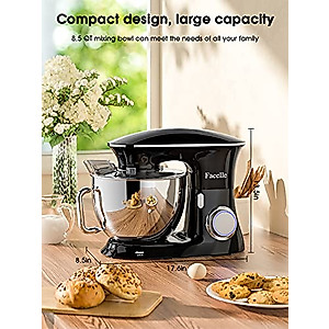 Facelle Stand Mixer, 8.5 Quart Electric Mixer, 660W 6-Speed Tilt-Head Kitchen Electric Food Mixer with Beater, Dough Hook and Wire Whip, Black