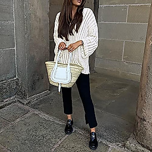 MISSACTIVER Women’s Oversized Long Sleeve Sweater Sexy V Neck Off Shoulder Knit Solid Drop Shoulder Shirt Pullover Sweaters(Small,Beige)