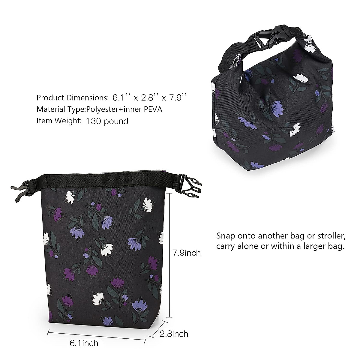 MOV COMPRA Insulated Snack Bag- Women Reusable Sandwich & Snack Bags, Leakproof Food Storage Small Lunch Bag For Picnic,Work(Small，Purple Flower