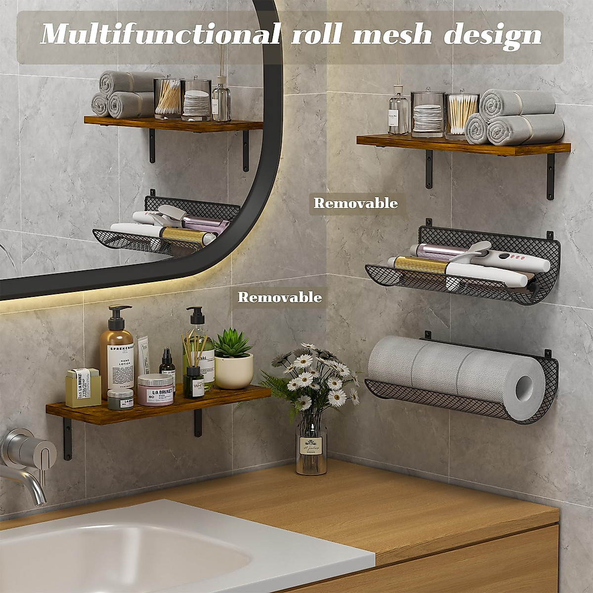 2+2 Wood Floating Shelves for Wall Decor,Bathroom Shelf Over Toilet with Hair Tool Organizer,Curling Iron Holder Wall Mounted,Bathroom Organizer for Hair Straighteners,Curling Wands，Toilet Paper