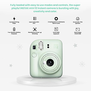 Fujifilm Instax Mini 12 Instant Camera Mint Green + MiniMate Accessory Bundle & Compatible Custom Case + Fuji Instax Film Value Pack (50 Sheets) Designer Photo Album (Mint Green)