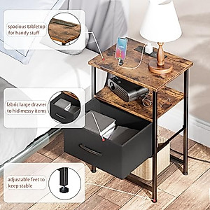 LAKEMID Nightstands Set of 2 with Charging Station and Drawer, End Table Bedside Table with 20 Colors LED Light Strip and 2 Layers Shelf for Bedroom Living Room Sofa (Rustic Brown)