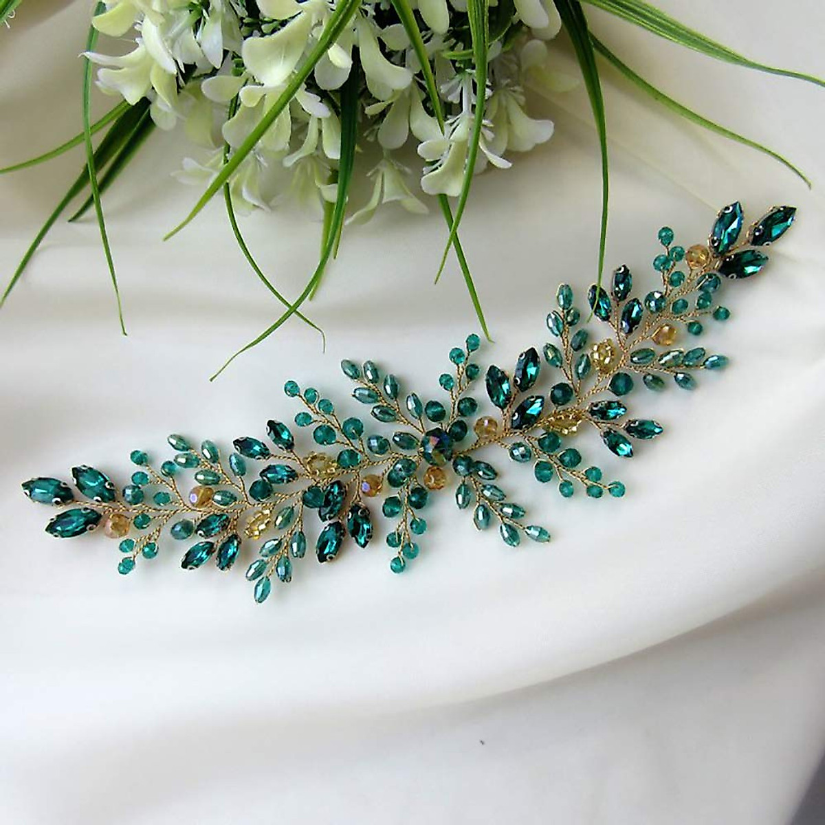 Denifery Emerald Wedding Hair Piece Green Hair Vine Bridal Gold Jewelry Headpiece Wedding Hair Accessories