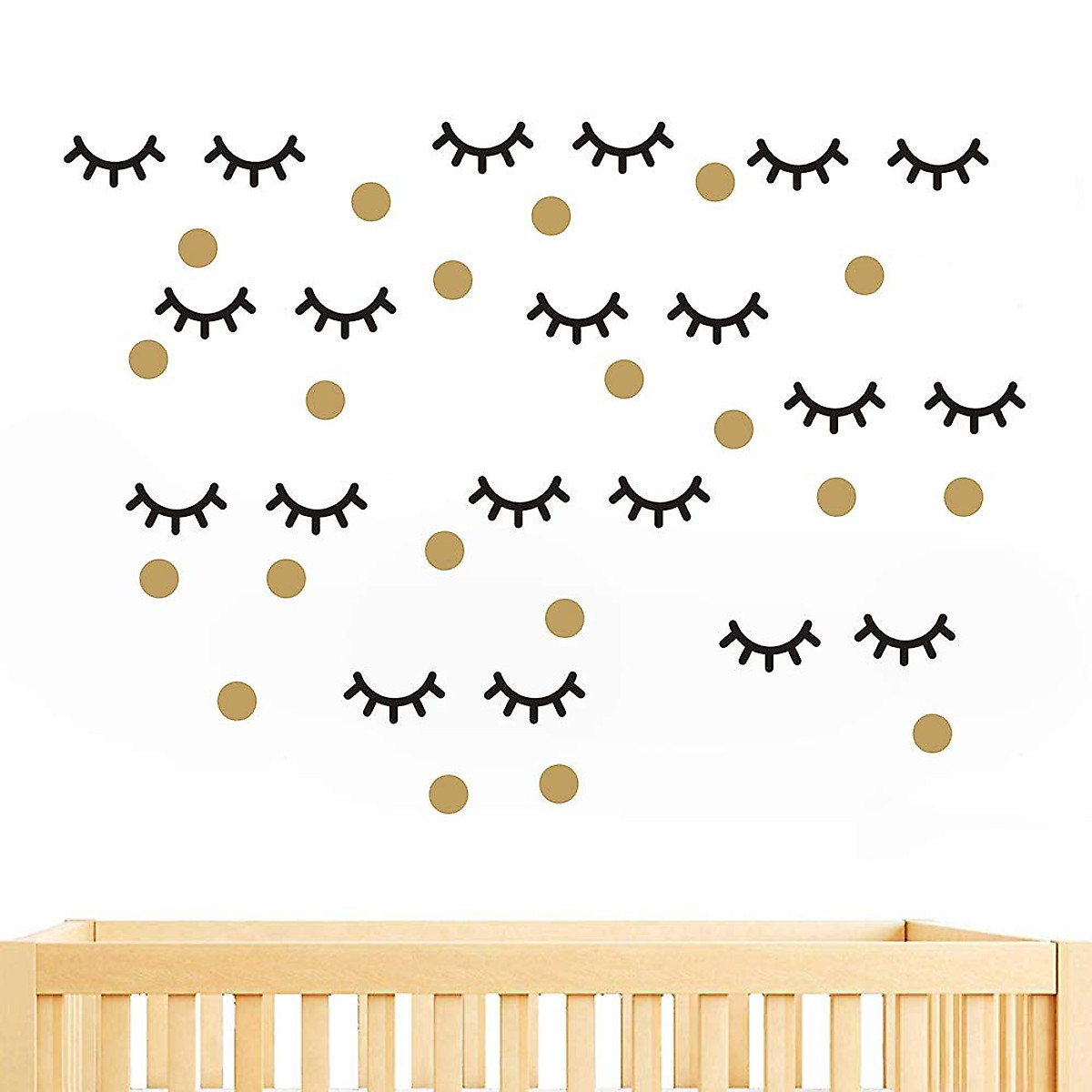 JUEKUI Wall Decor Sticker 96pcs Lovely Sleepy Eye Eyelashes with 100pcs Pink Dots Vinyl Deccal for Kids Bedroom Makeup Art WS22 (Black+Gold)