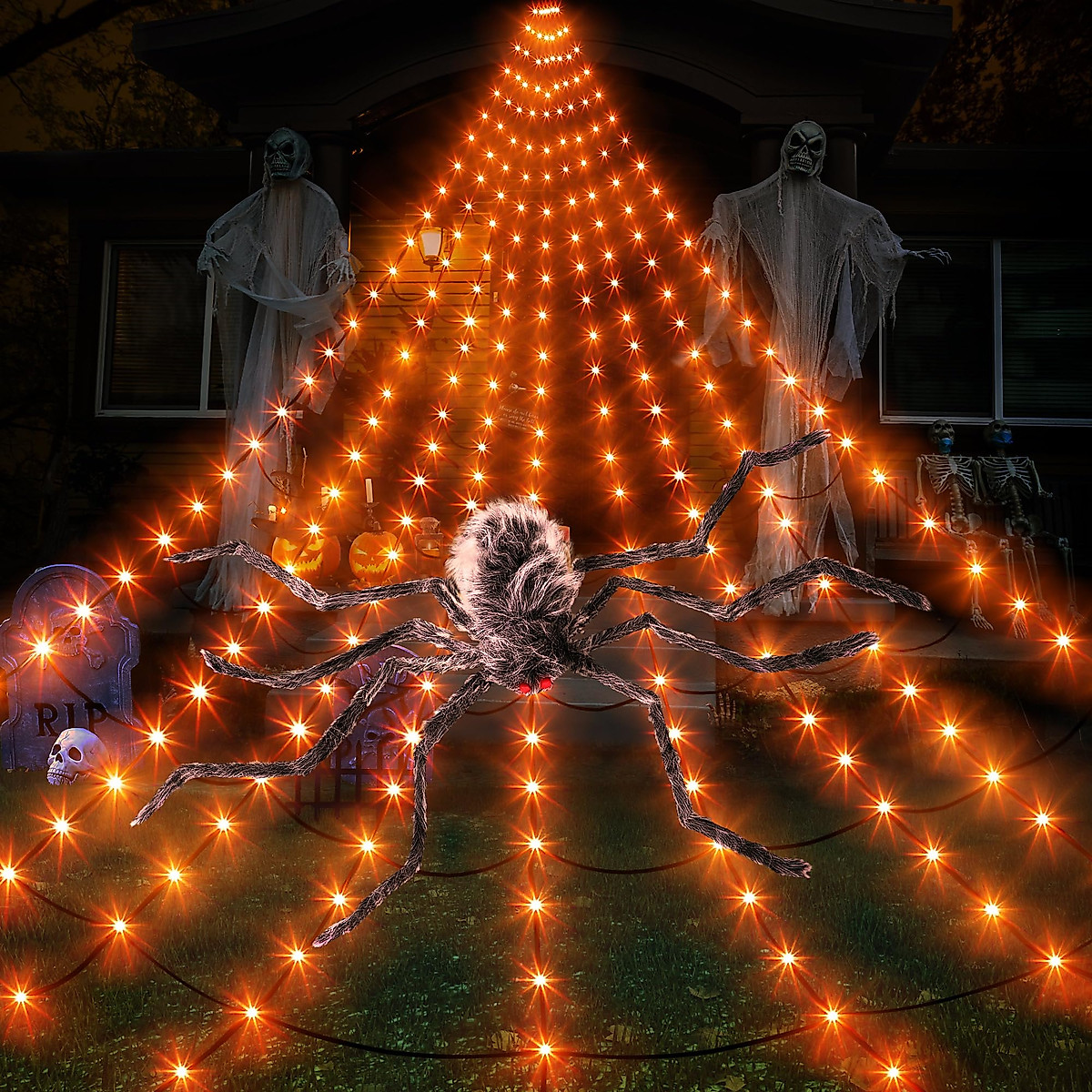 Solar Spider Web Halloween Decorations Lights, 16.4 x 15.7 Ft Solar Powered Huge Triangular Spider Web, 192 LEDs 8 Modes Waterproof with Timer and Giant Spider for Yard House Party Decor(Orange)