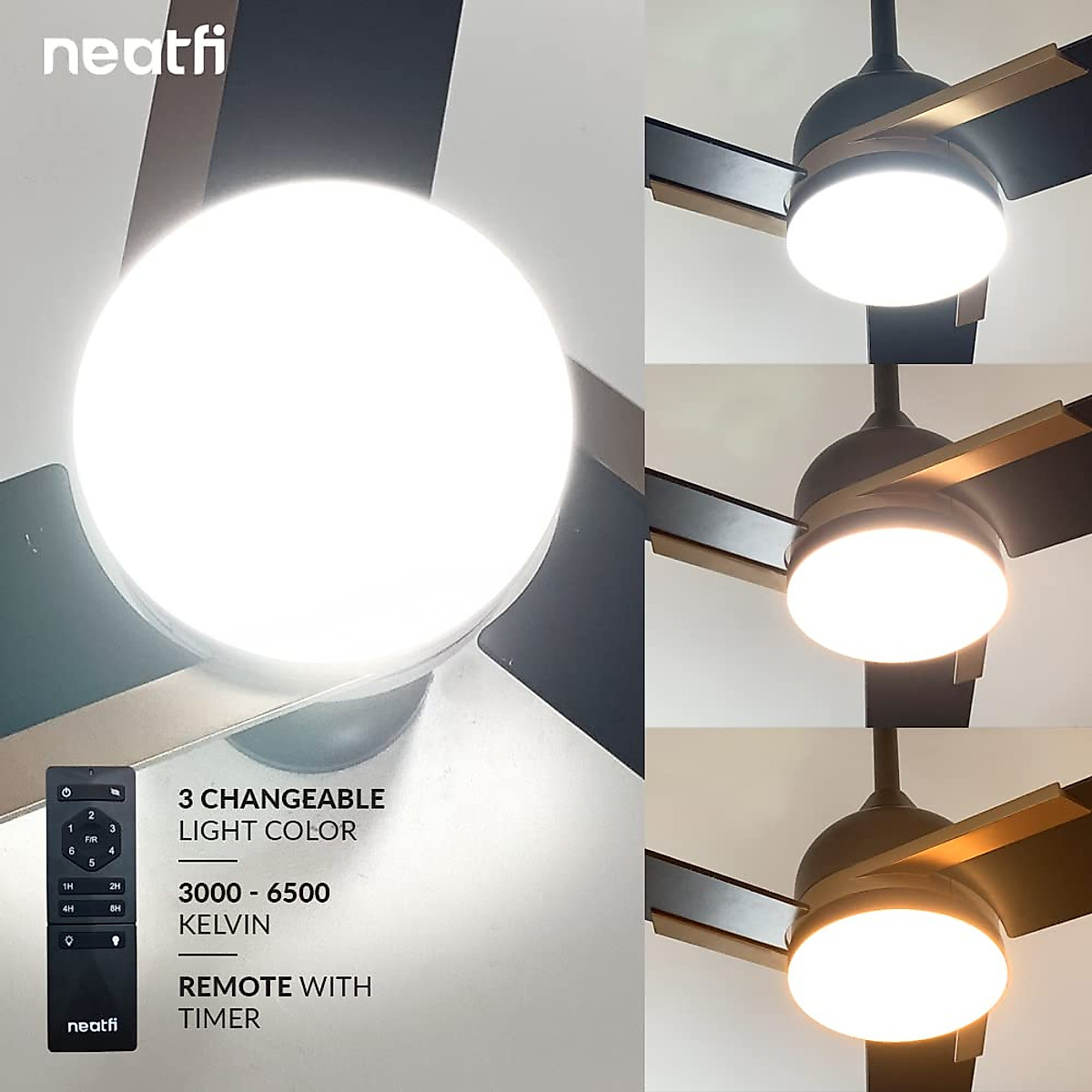 Neatfi 52-Inch Ceiling Fans with Lights & Remote Control, 6 Speed, 3 Reversible Wood Blades Downrod Ceiling Fan with 3 Light Colors for Bedroom, Living Room & Patio (Black, 52 Inches)