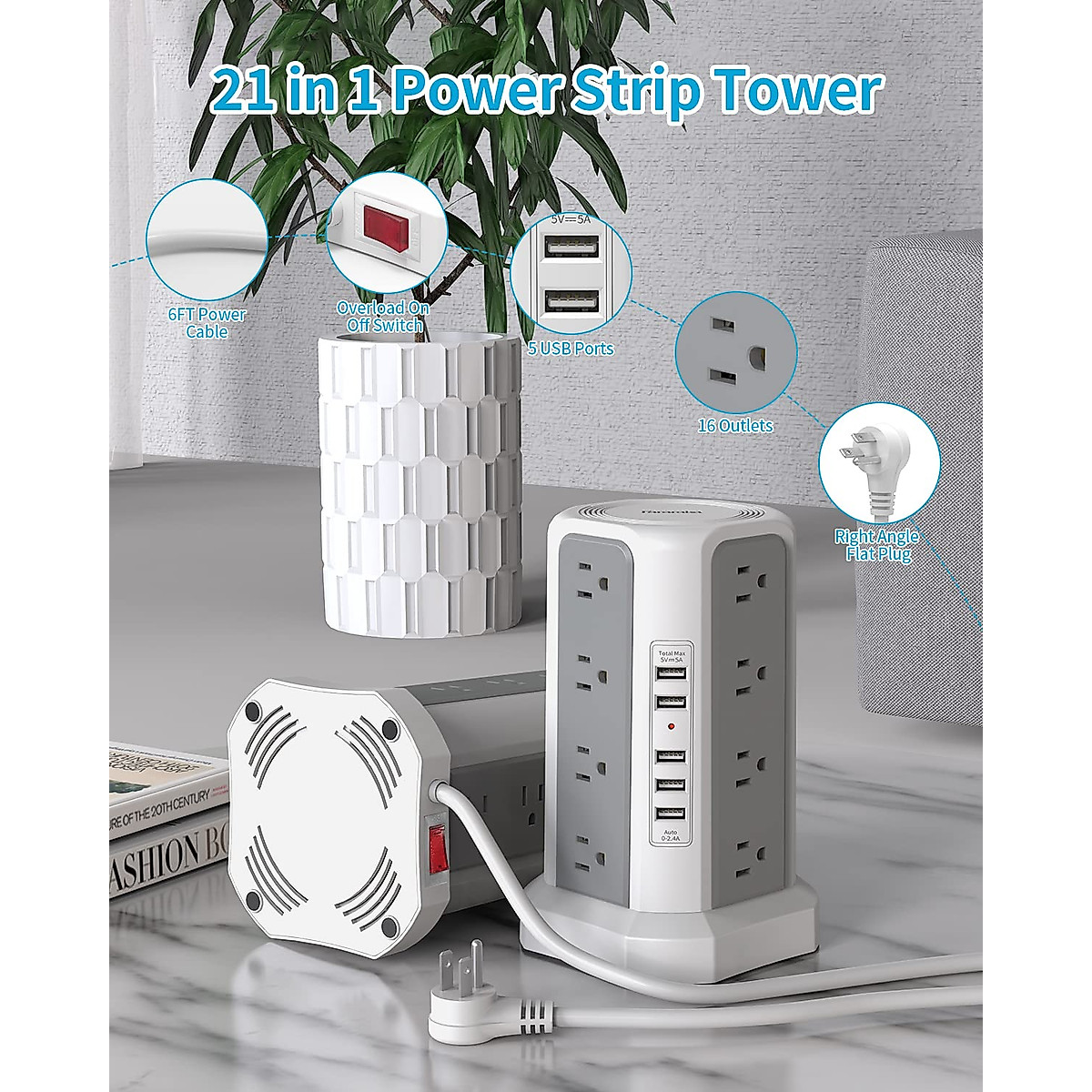 Surge Protector , Fararaka 6FT Power Strip Tower with 16 Outlets and 5 USB Ports, Flat Plug Multi Outlet Tower for Home, Office, Dorm Room