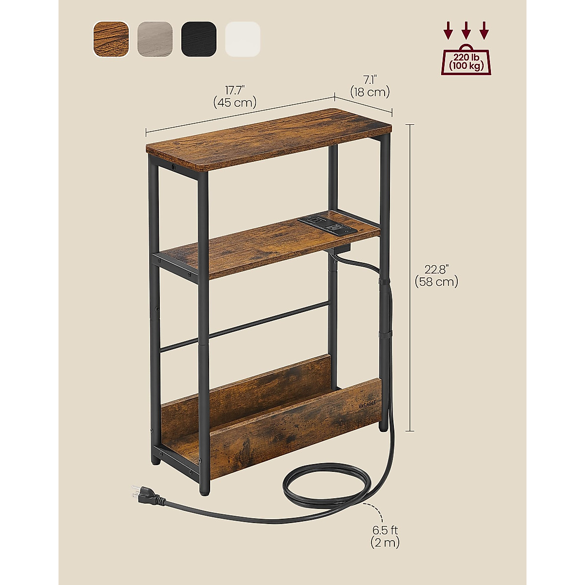 VASAGLE Side Table with Charging Station, Narrow End Table, 3-Tier Nightstand, Sofa Table for Small Spaces, Magazine Rack, for Living Room, Bedroom, Study, Rustic Brown and Ink Black ULET335K01