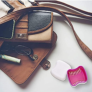 Denture Bath Cases with Denture Cleaner Brushes Denture Cups Denture Boxes Bath Dentures Container with Basket Denture Holder Denture Brush Retainer Case for Travel Retainer Cleaning (Pink)