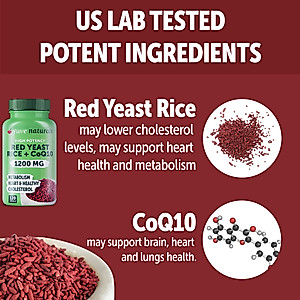 Red Yeast Rice 1200 mg Capsules with CoQ10 - Maintain Healthy Cholesterol Levels, Herbal Heart Health Vegan Red Yeast Rice Supplement - Red Rice Yeast with CoQ10 for Women & Men - 120 Ct (2-Pack)