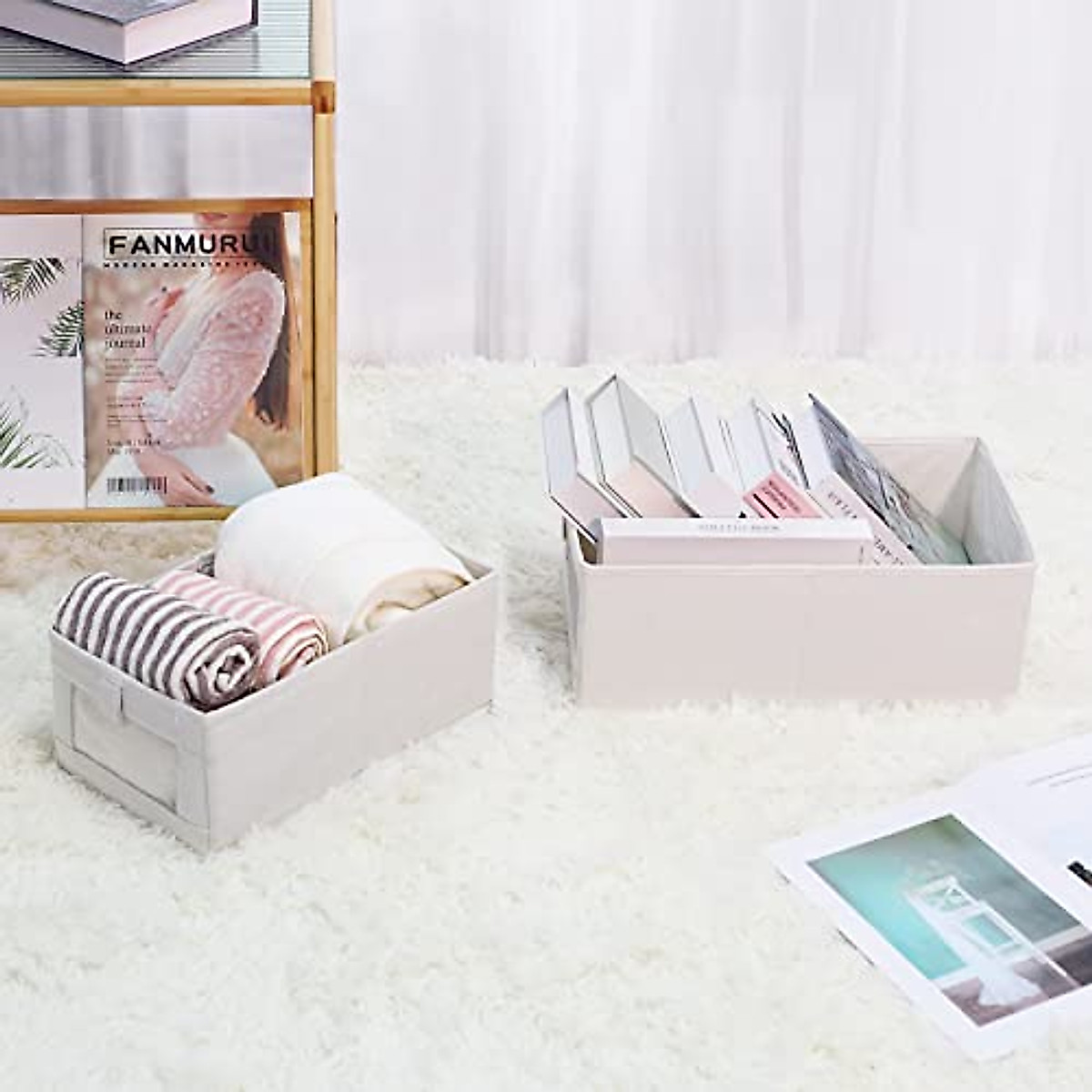 LaMorée Fabric Storage Bin Box Rectangular Cotton Linen Storage Basket Cube with Thick PP Board Clear Mesh Window Foldable Decorative Nursery Home Office Organizer Container – Beige, Small