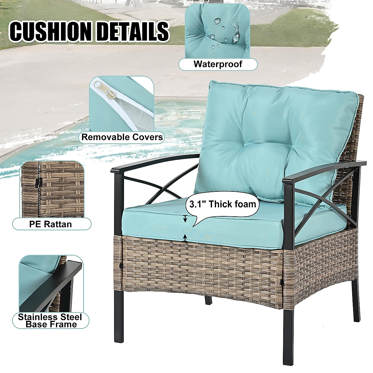 YIORTWO 4 Piece Patio Furniture Set Outdoor Conversation Furniture Sets, Wicker Patio Sectional Furniture with Waterproof Cushions and Coffee Table for Garden Poolside Balcony Porch, Blue