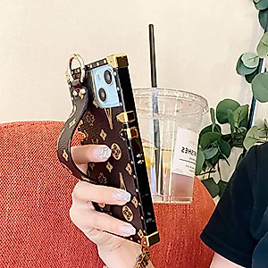 TRODINO Square Leather iPhone 14 Pro Max Case with Wristband Strap, Luxury Designer Trunk Box Phone Case for Women Girls, Hand Holder Ring Kickstand Shockproof Protective Bumper Case 6.7” (Brown)