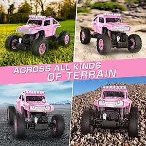 NQD 4WD Remote Control Truck - 1:14 Big Monster Stunt Car All Terrain Off-Road Hobby RC Truck 2.4Ghz with LED Headlight Rock Crawler Rechargeable Electric Toy for Boys & Girls Gifts（Pink）