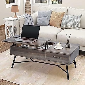 OUllUO Wood Lift Top Coffee Table with Charging Station, Vintage Coffee Table with Storage, Rustic Central Table for Living Room, Home Office, Gray Rising Coffee Table