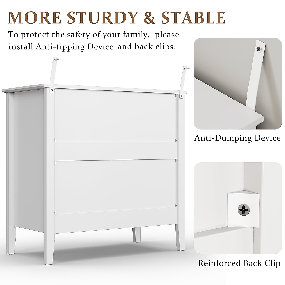 RoyalCraft White Fluted 3 Drawer Dresser for Bedroom, Wide Chest of Drawers for Closet, Modern Wood Dresser Wide Nightstand Cabinet for Living Room