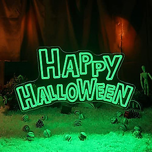Halloween Decorations Outdoor Indoor, Happy Halloween Lights Halloween Neon Signs, 26X14 Inches Large Dimmable Neon Signs, Halloween Yard Decor, Halloween Decorations for Home (Green Happy Halloween)