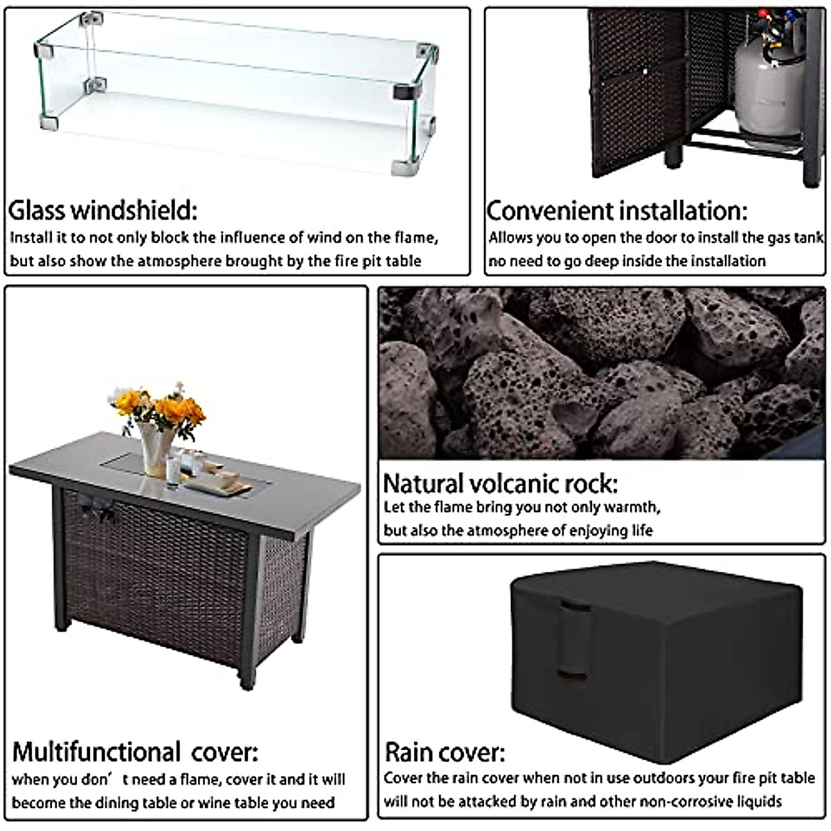 43 in Propane Gas Fire Pit Table, 50,000 BTU Auto-Ignition PE Wicker Gas Fire Pit Table with Glass Wind Guard, Waterproof Cover, CAS Certified for Courtyard Terrace Gardens.