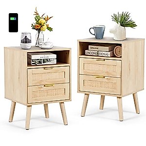 AILEEKISS Rattan Nightstands Set of 2 with Wireless Charging Station Modern Bedside Tables with Solid Wood Feet Night Stands Set of 2 with Drawers and Open Storage Shelf for Bedroom (Natural 2 Sets)