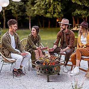 Oneinmil 2 in 1 Fire Pit with Grill, 30'' Wood Burning Outdoor Fire Pits Outside with Metal BBQ Grill, Spark Screen, Poker for Patio, Backyard, Garden