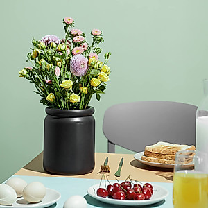 LIFVER Kitchen Utensil Holder, Heavy Ceramic Utensil Crock, 6.5" Cooking Utensil Holder, Utensil Organizer for Countertop, Kitchen Gifts, Farmhouse Kitchen Decor, Scratch Cork Bottom, Black