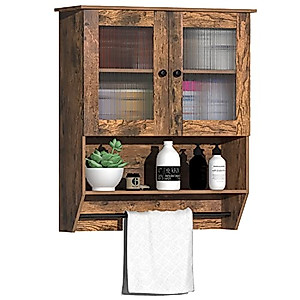 Tohomeor Bathroom Wall Cabinet with Towels Bar Wooden Medicine Cabinet with 2 Doors Wall Mounted Storage Cabinet Over Toilet Bathroom Cabinet (Brown)