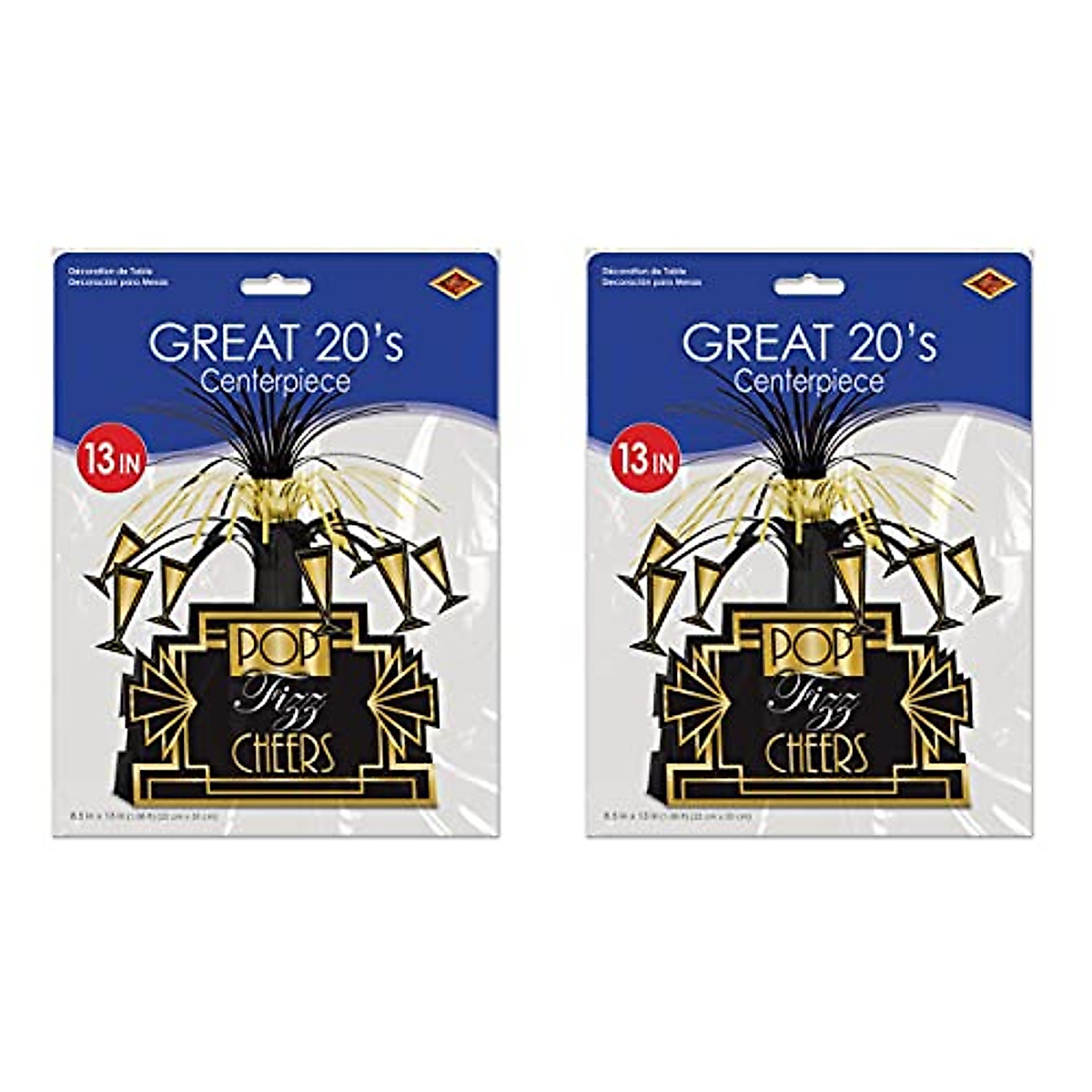 Beistle 2 Piece Roaring 20' Table Centerpiece Decoration 1920’s Champagne Pop Gatsby Theme Party Supplies, 13", Black/Gold/White