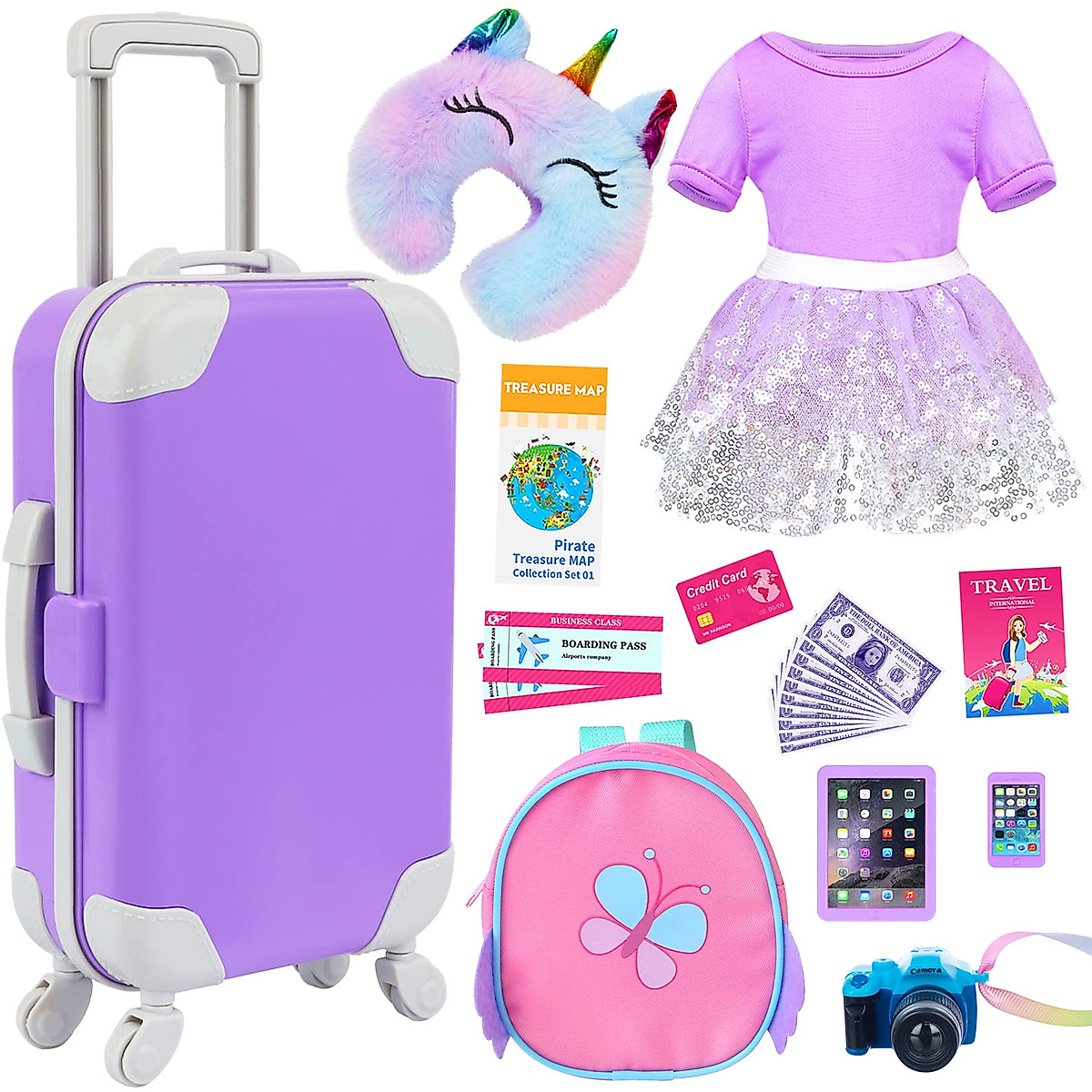 K.T. Fancy 23 pcs American 18 Inch Doll Accessories Suitcase Travel Luggage Play Set for 18 Inch Doll Travel Carrier, Sunglasses Camera Computer Phone Pad Travel Pillow Passport Tickets Cashes
