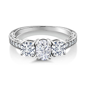 Gem Stone King 10K White Gold Gemstone Birthstone and Lab Grown Diamond 3-Stone Engagement Ring | Oval 7X5MM and Round 5MM | Three Stone Wedding Anniversary Promise Ring For Women